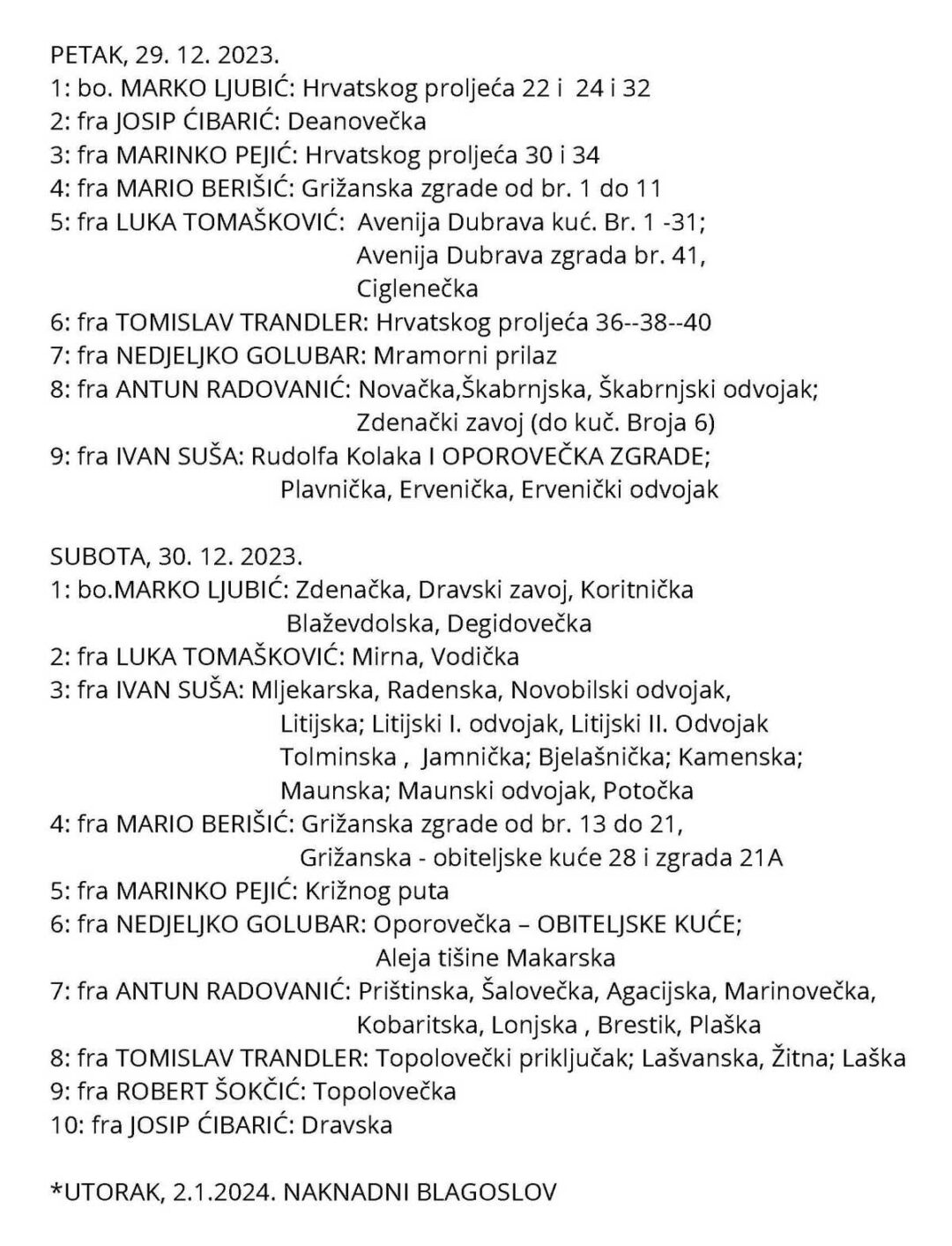 Blagoslov obitelji 2023./2024. | Raspored svetih misa.